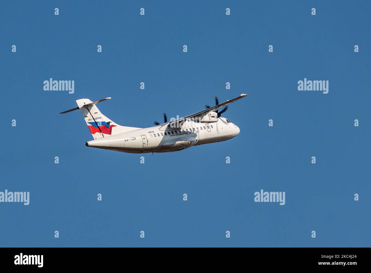 A Sky Express ATR 42 aircraft as seen take off and fly from Athens ...