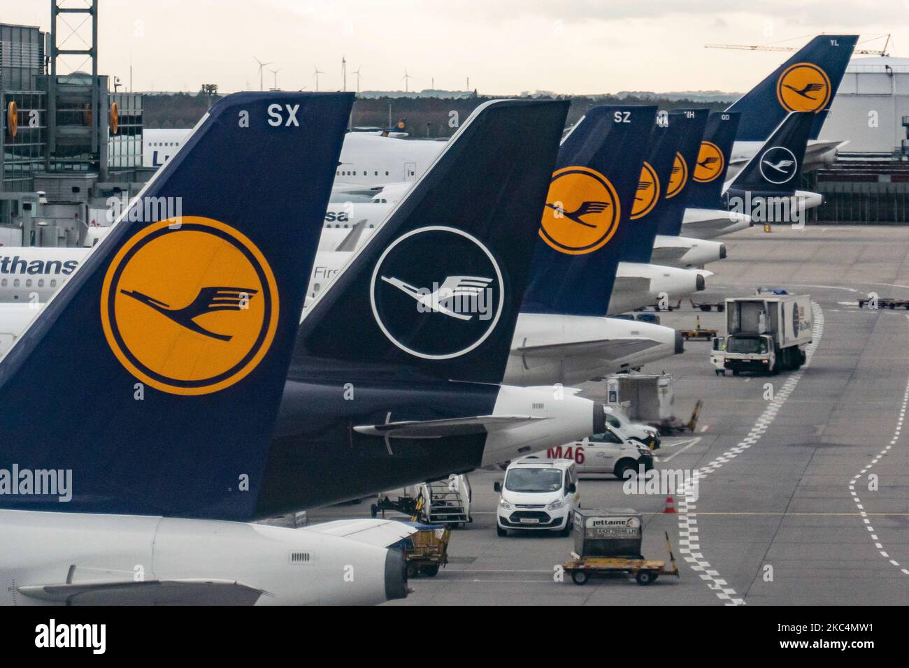 Tail lineup, row of Lufthansa aircraft with the logo visible as seen at ...