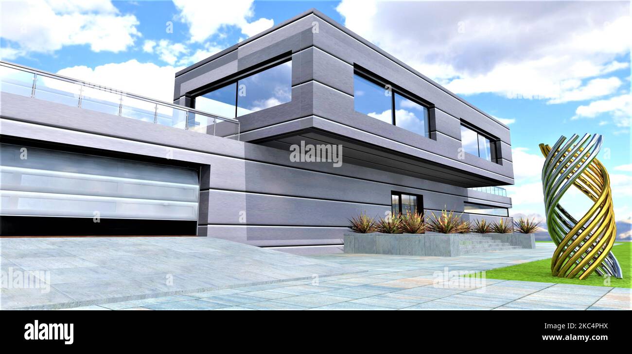 Futuristic country house made of metal composite. Aluminum garage door ...