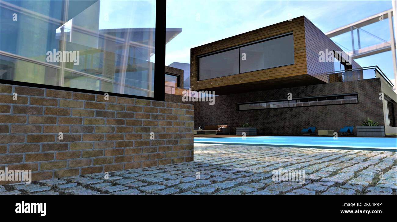 Natural granite paving stones in the yard of a stylish private house ...