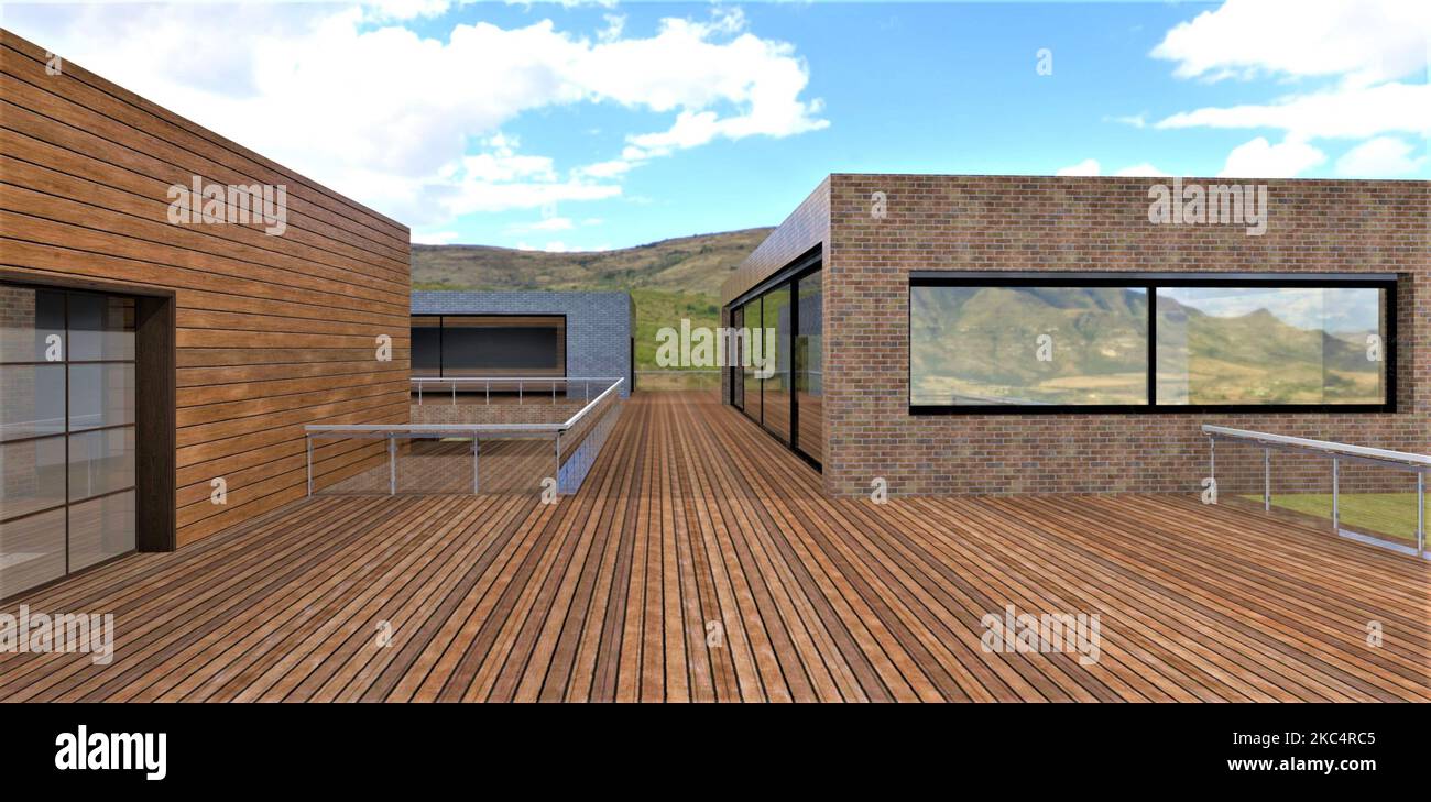 Three townhouses with a shared terrace with wooden decking. Glass panel ...