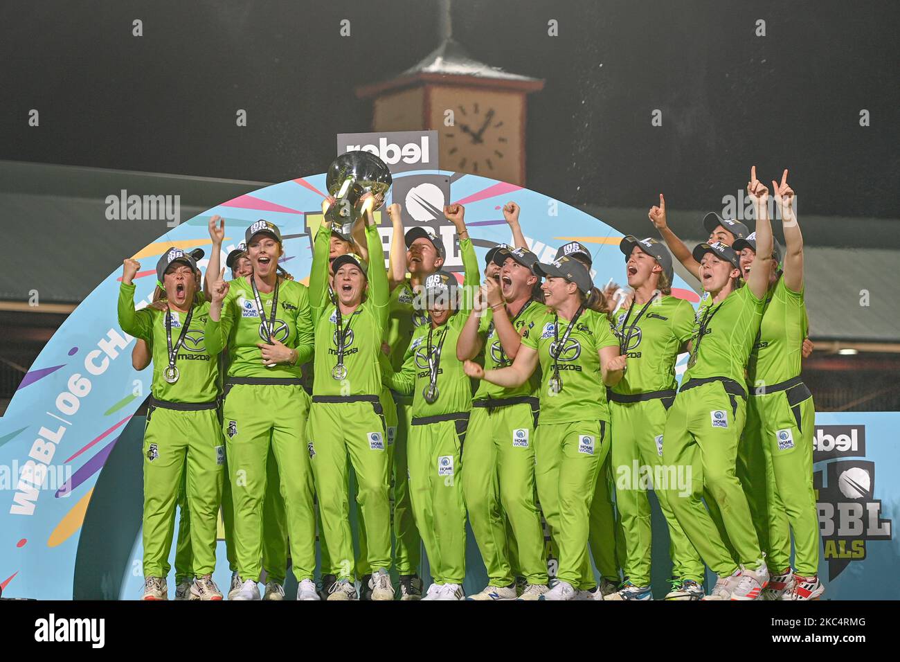 Rachael Haynes of the Thunder lifts the trophy as the Thunder celebrate ...