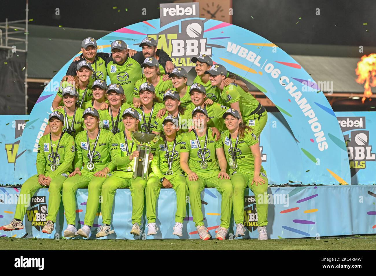 Rachael Haynes of the Thunder lifts the trophy as the Thunder celebrate ...