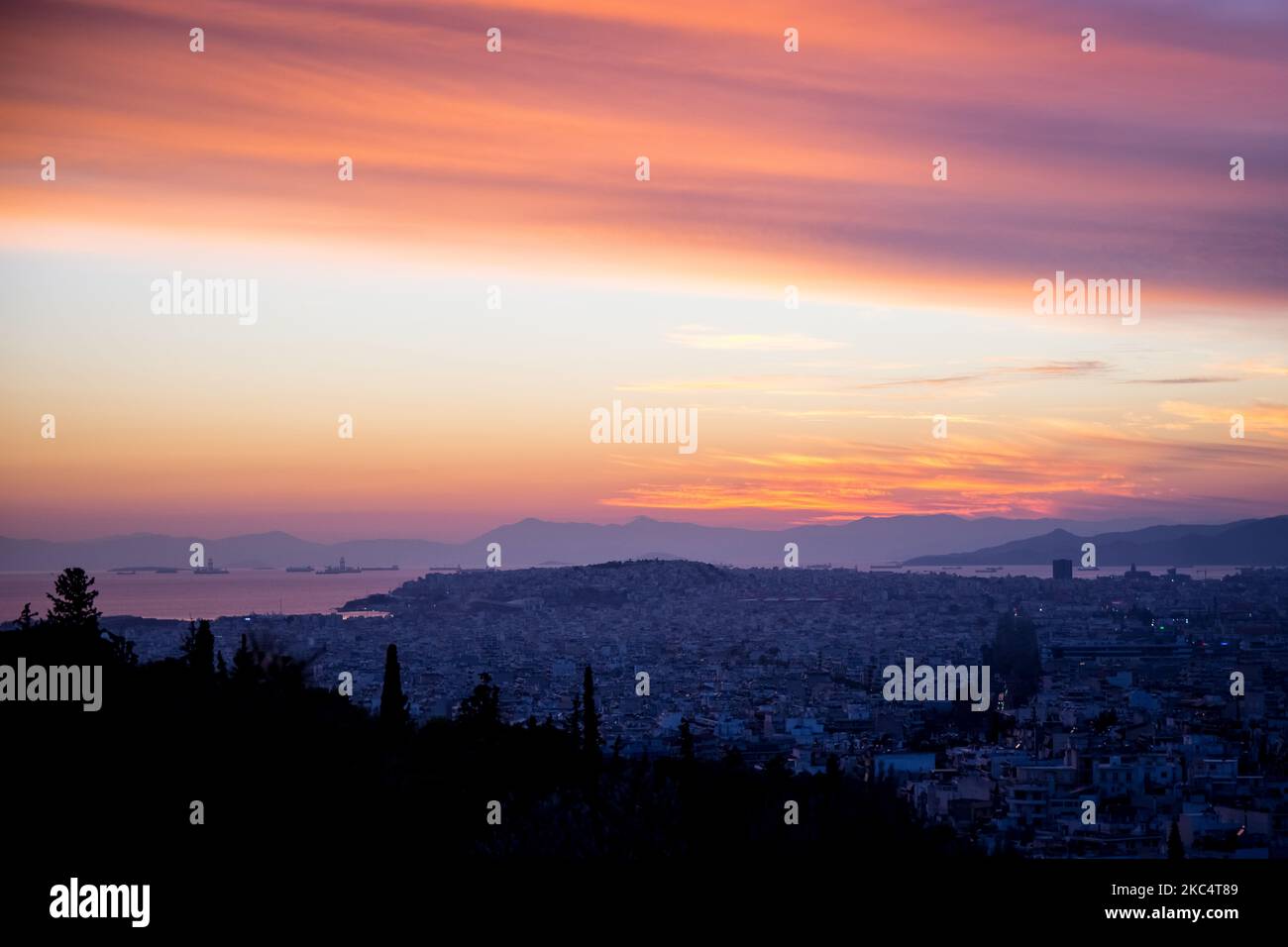 The view from Filopappou hill during the sunset in Athens, Greece on November 28, 2020. (Photo ...