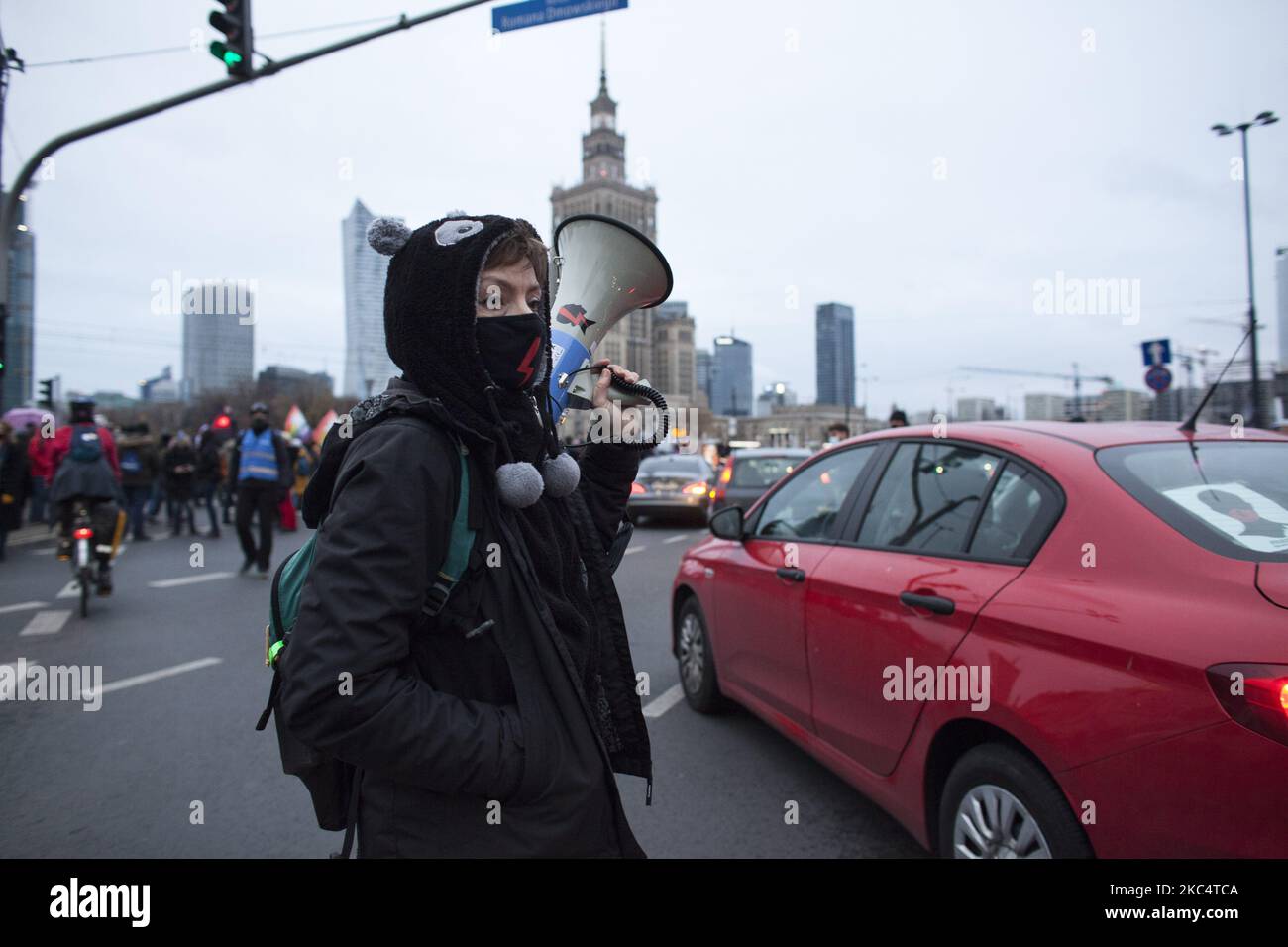 Woman seen during blockade of Warsaw by feminist Womans Strike in ...