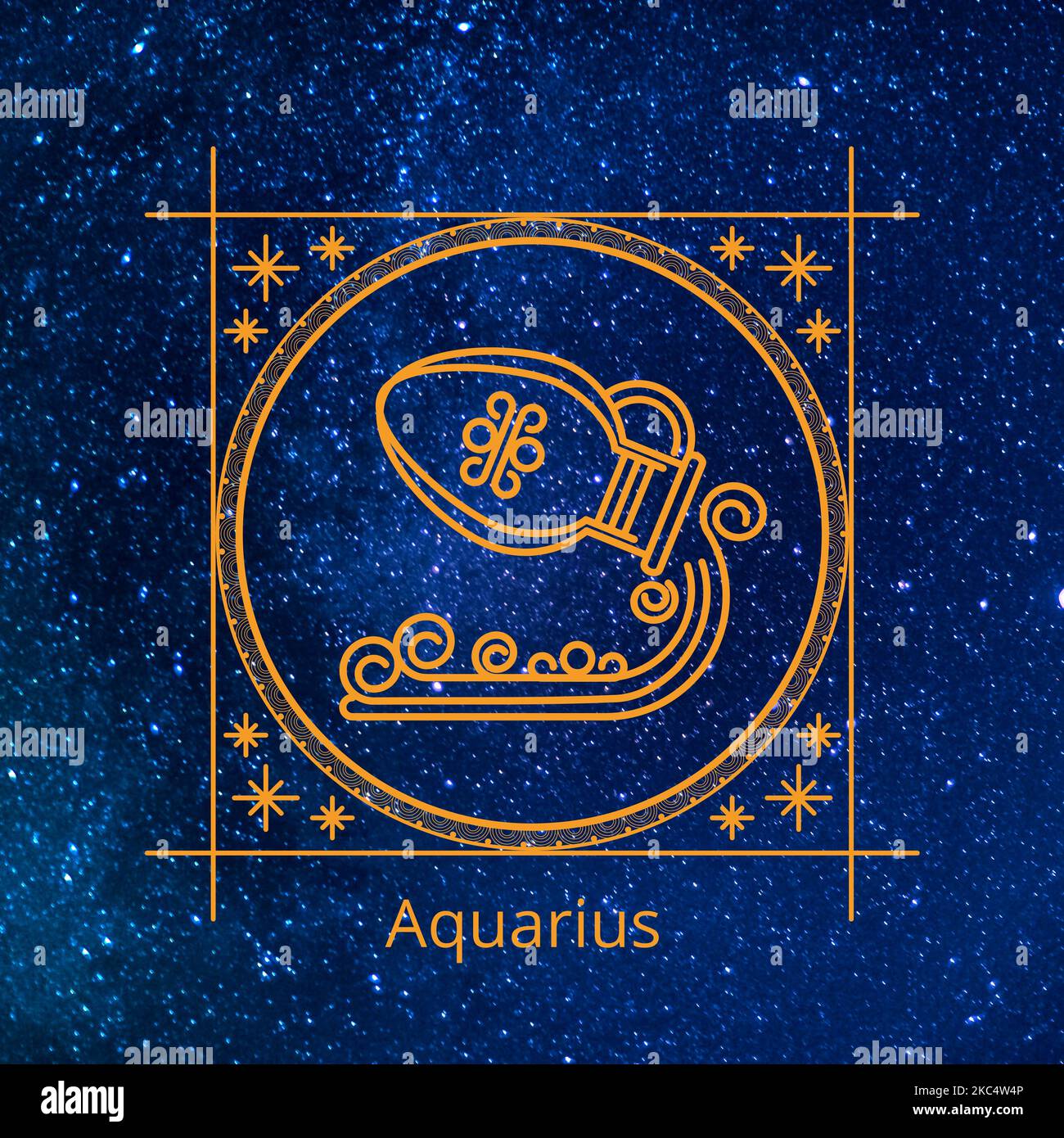 The zodiac sign of Aquarius with a golden frame with a starry sky in ...