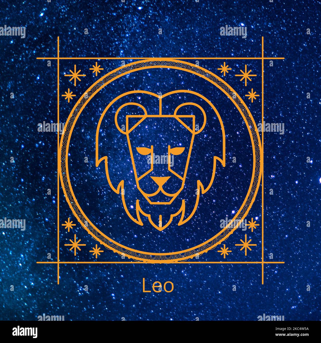 The zodiac sign of Leo with a golden frame with a starry sky in the ...