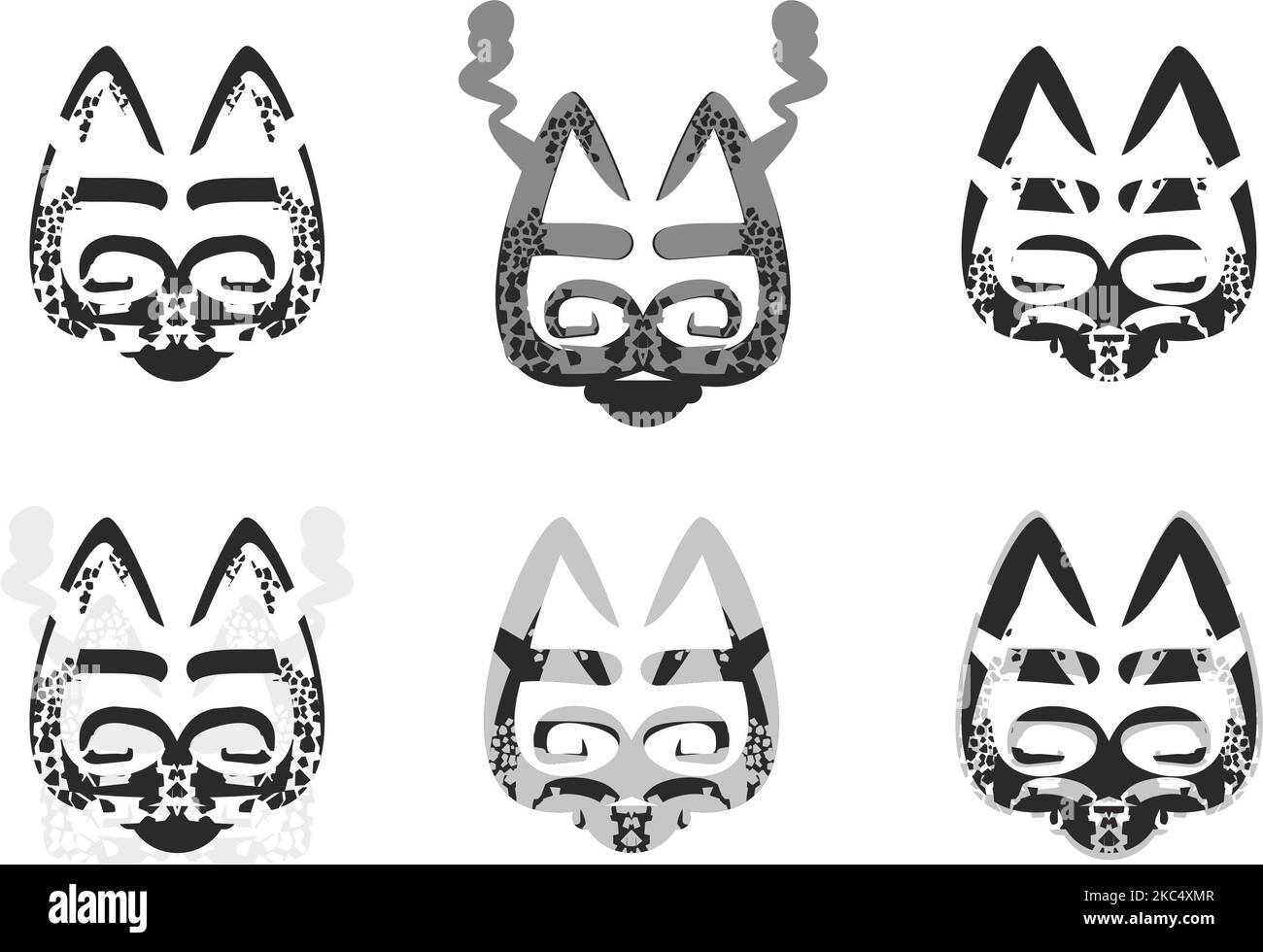 Creative cat's head icons in black-gray key isolated on a white ...
