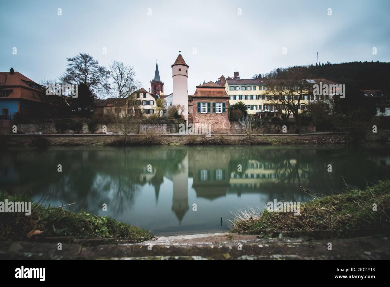 An aerial view of town Wertheim surrounded by buildings and water Stock ...