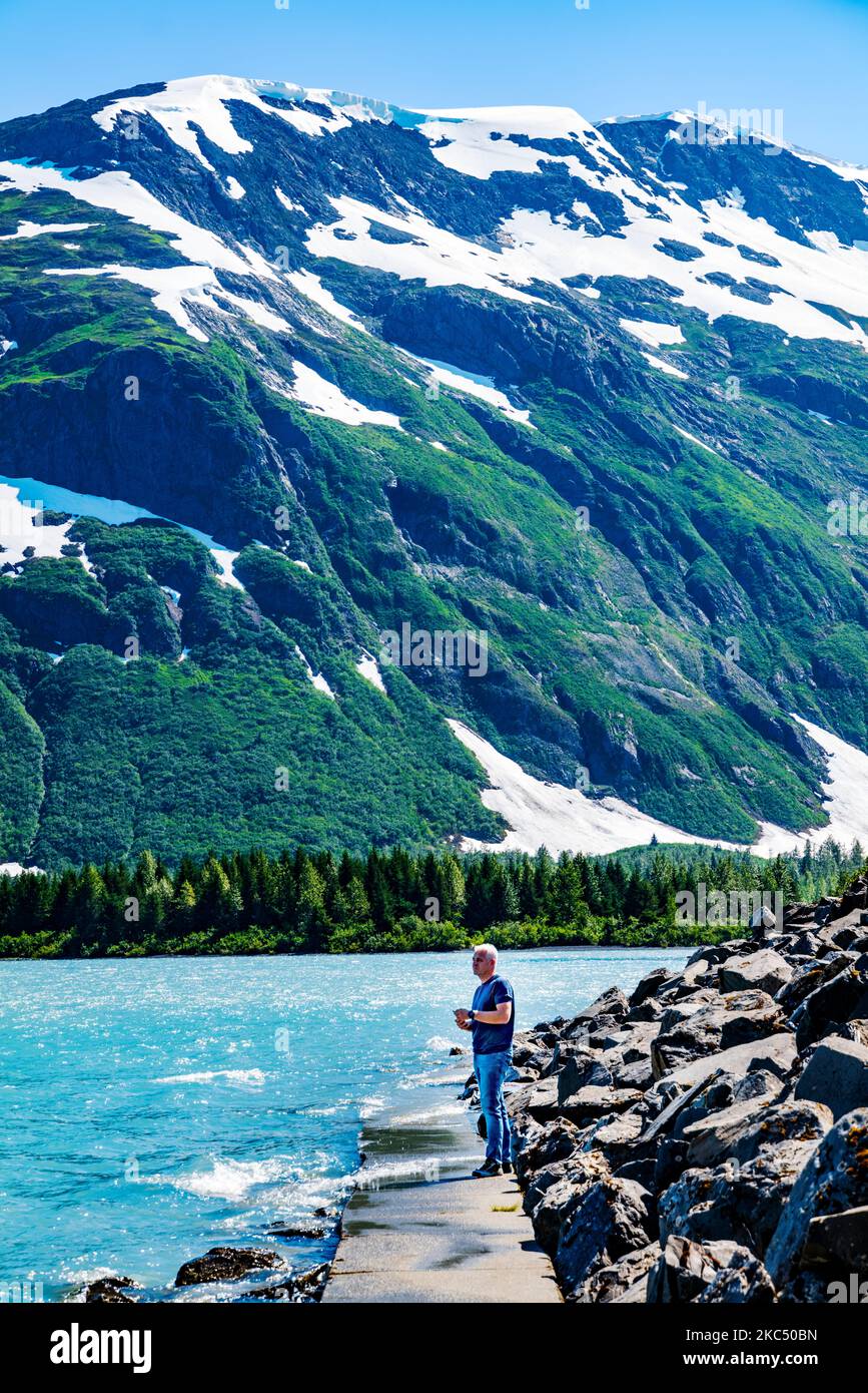 Tourist near Boggs Visitor Center; Portage Lake; Portage Glacier; Byron ...