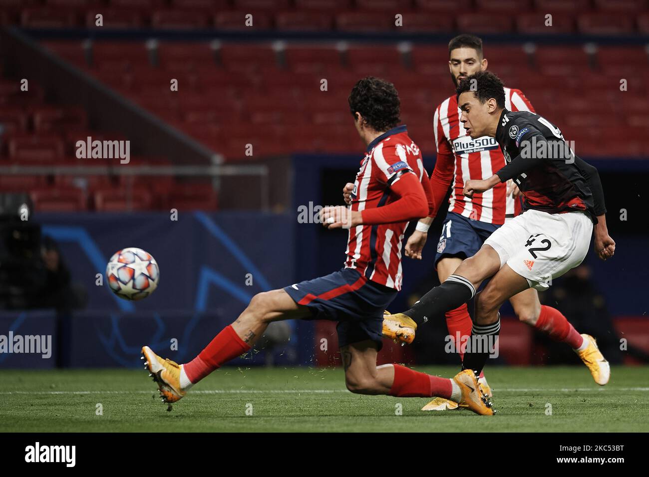 Jamal Musiala of Bayern shooting to goal during the UEFA Champions ...