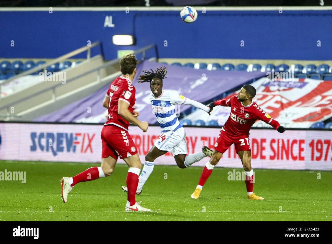 QPRs Osman Kakay wins a header during the Sky Bet Championship match ...