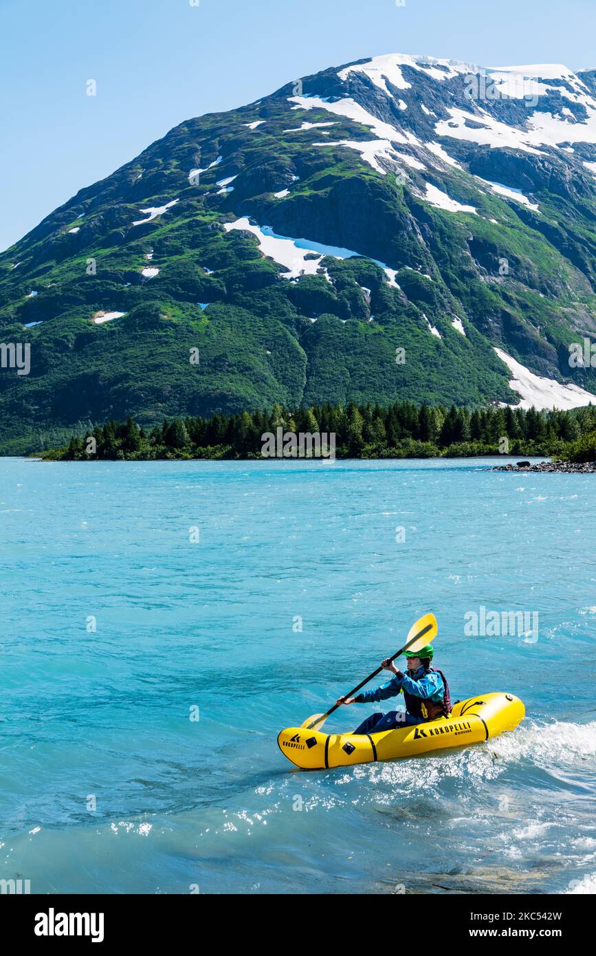 Female boater near Boggs Visitor Center; Portage Lake; Portage Glacier ...