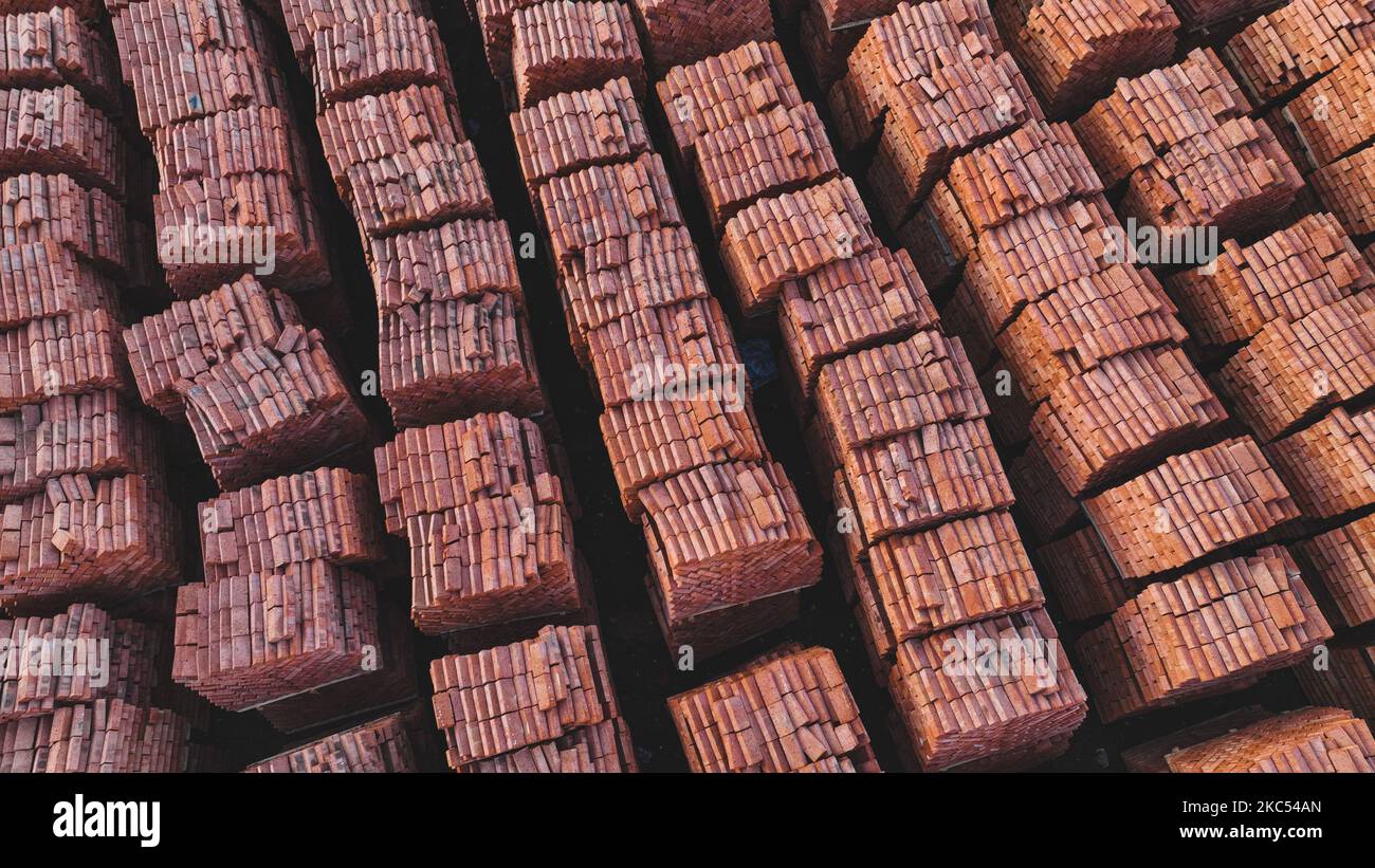 Pallets of bricks for construction. Outdoor storage. Warehousing of ...