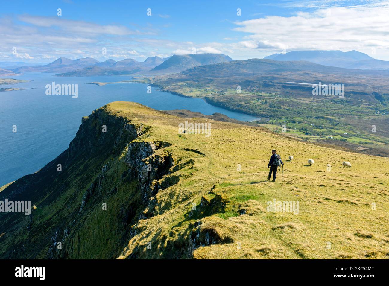 A walker on the summit ridge of Ben Tianavaig looking over the Inner ...