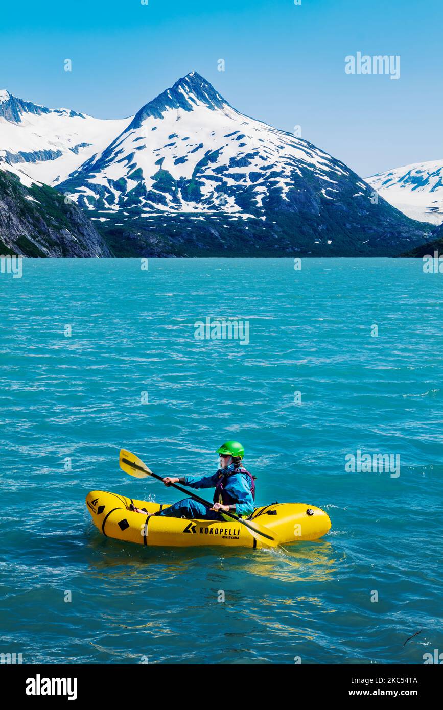Female boater near Boggs Visitor Center; Portage Lake; Portage Glacier ...