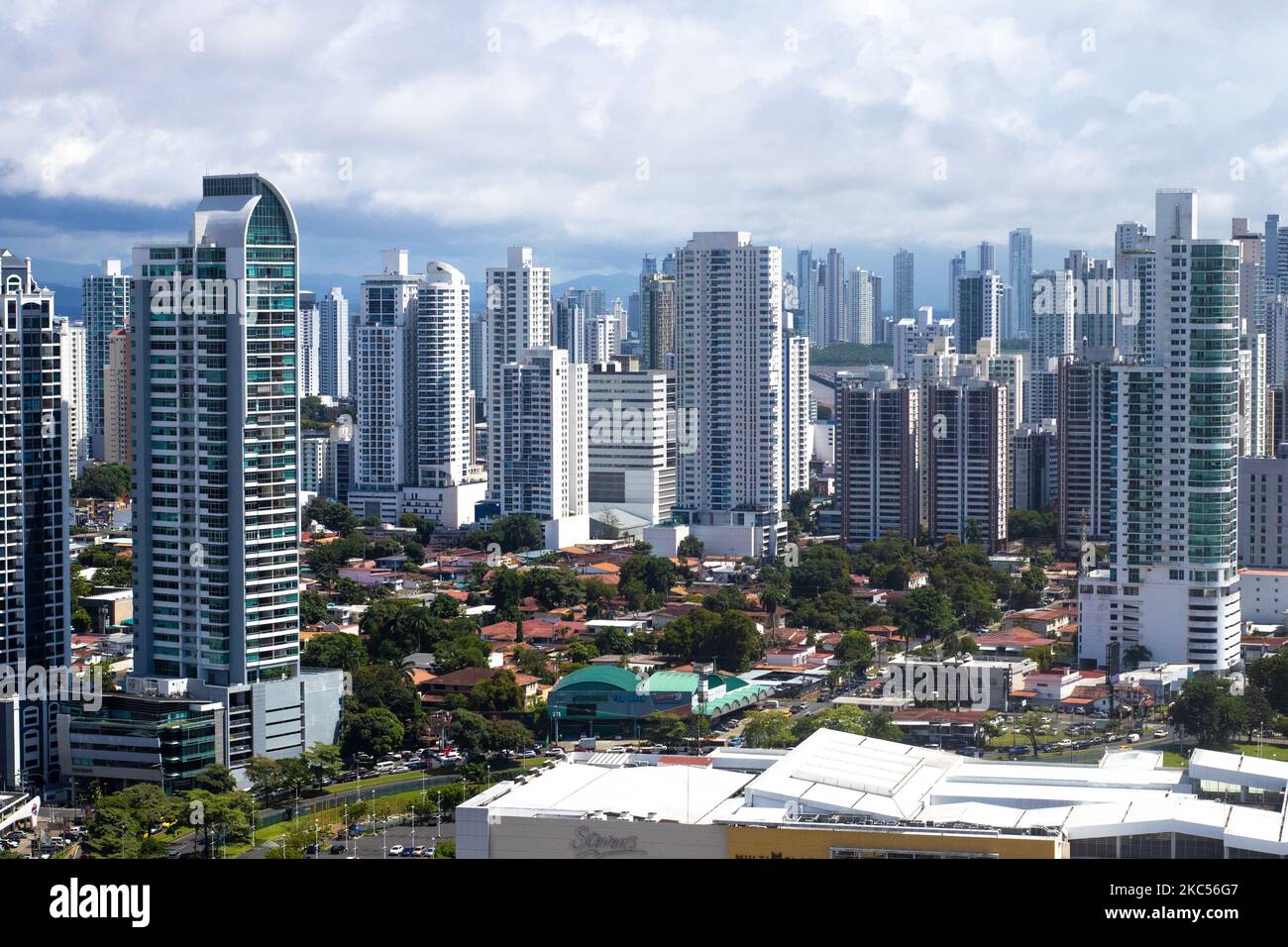 An aerial drone shot of the tall buildings of Panama, Latin America ...