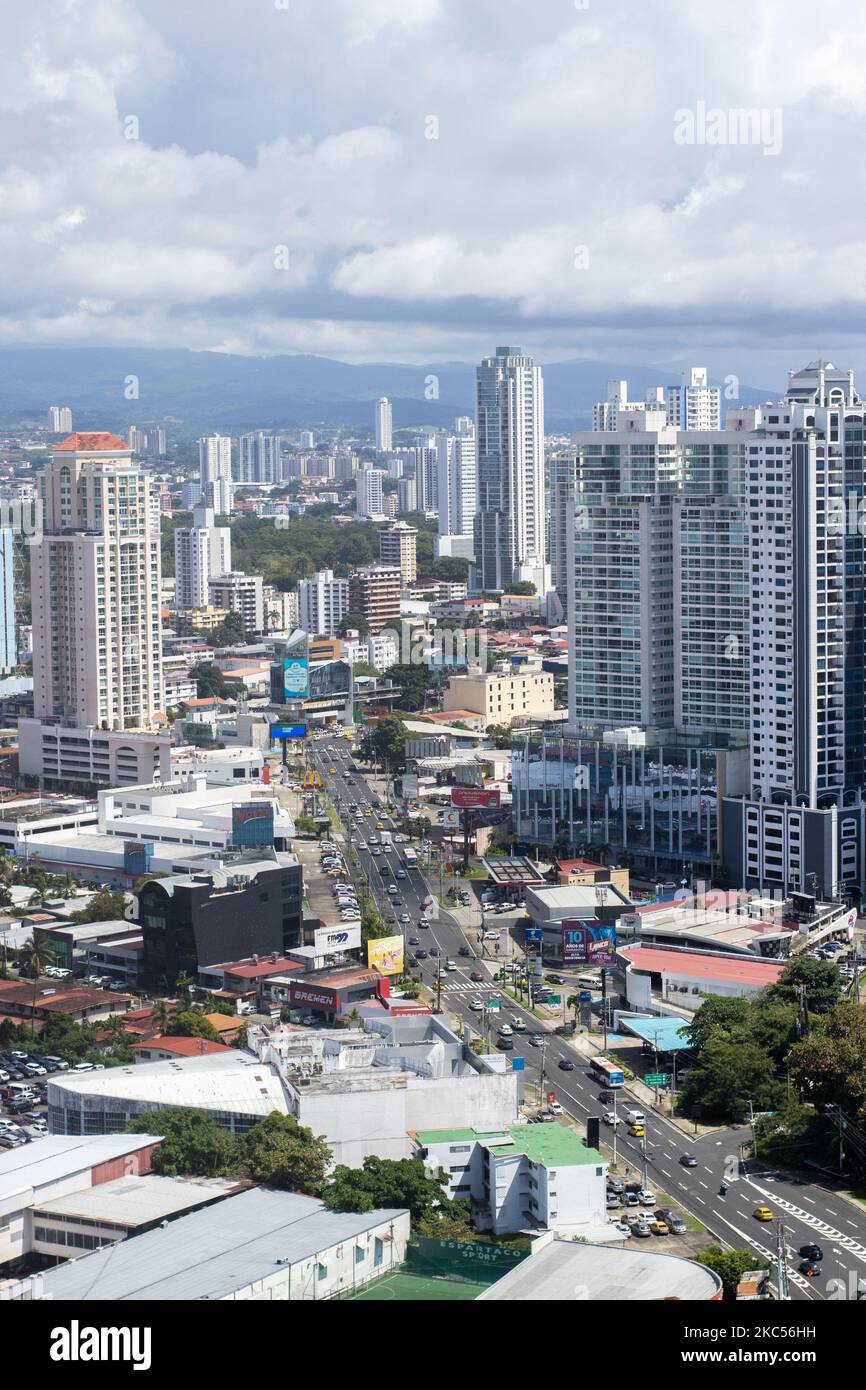 A vertical aerial shot of the tall buildings of Panama, Latin America ...