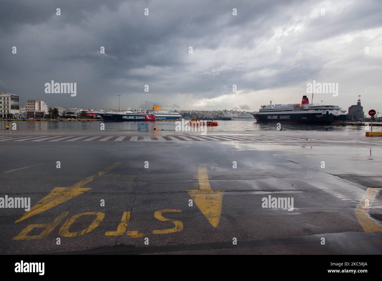 A rainy day the port of Piraeus is uncrowded due to lockdown. (Photo by ...