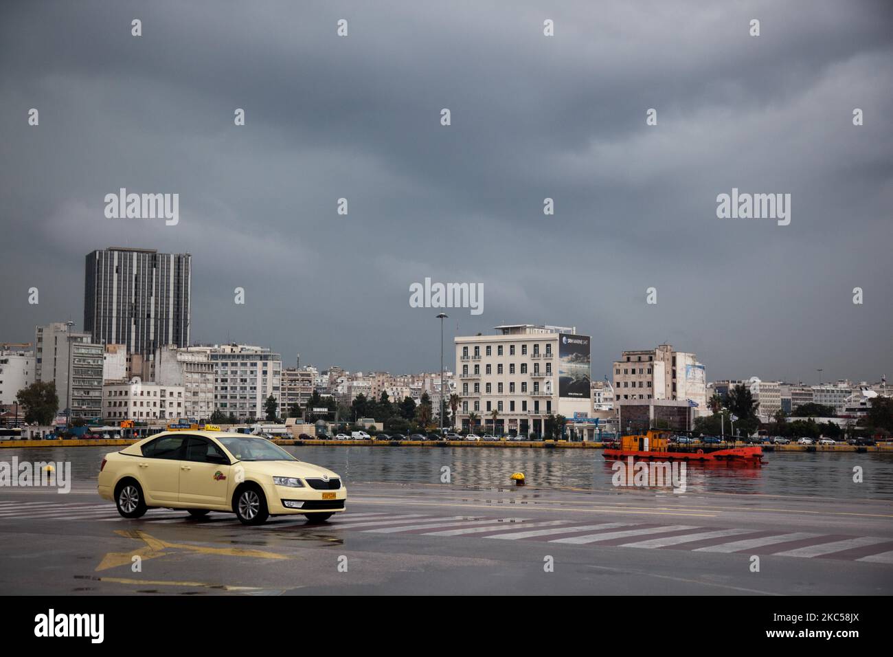 A rainy day the port of Piraeus is uncrowded due to lockdown. At the ...