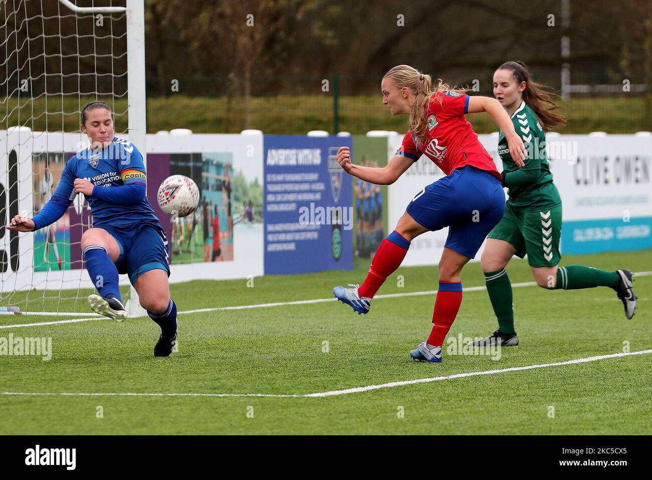 Sarah Wilson of Durham Women blocks a shot from Blackburn Rovers' Elise ...