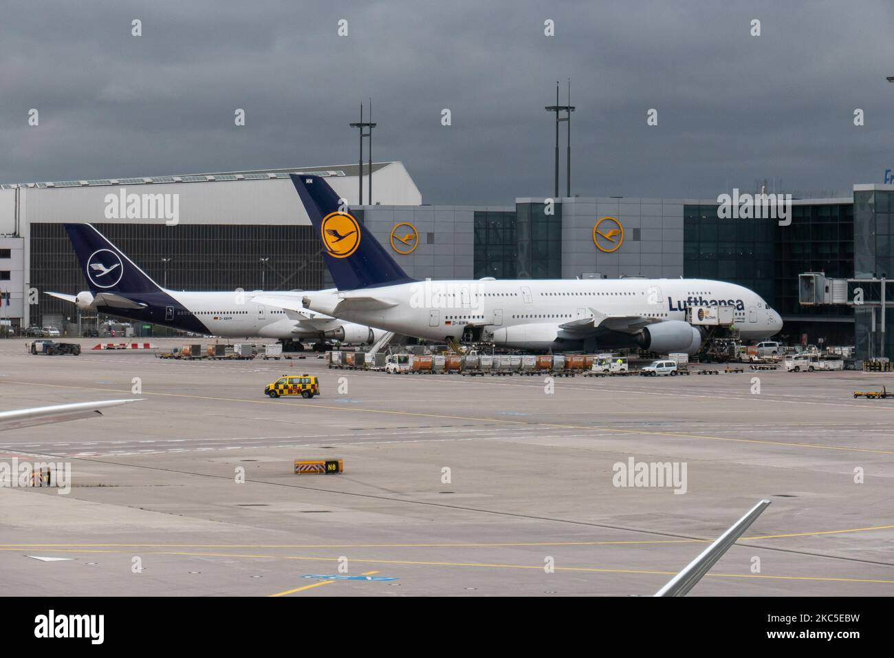 Lufthansa Airbus A380 double-decker aircraft as seen next to a Boeing ...