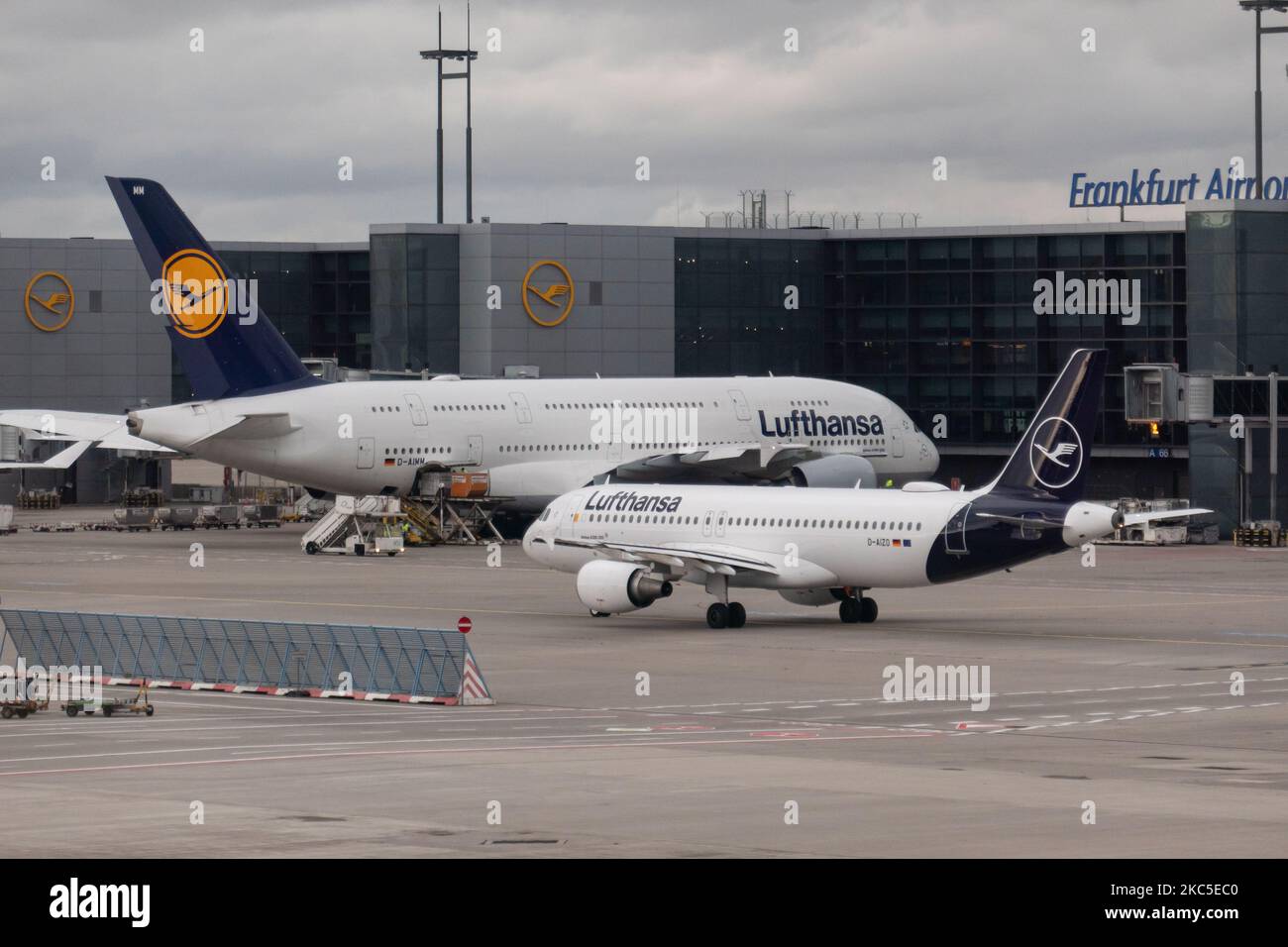 Lufthansa Airbus A380 double-decker aircraft as seen next to a smaller ...