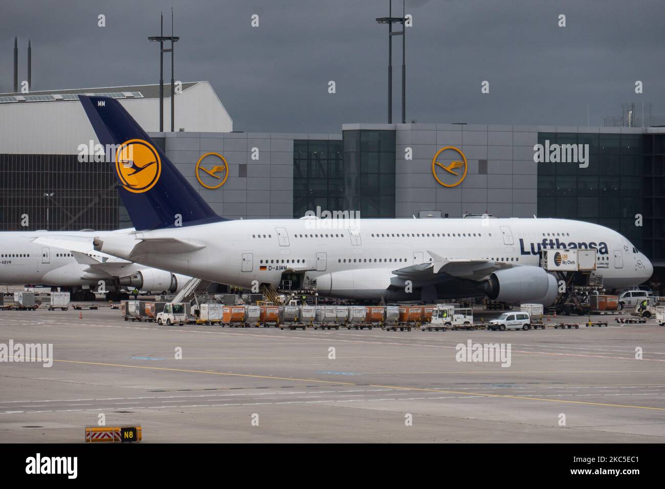 Lufthansa Airbus A380 double-decker aircraft as seen in Frankfurt FRA ...