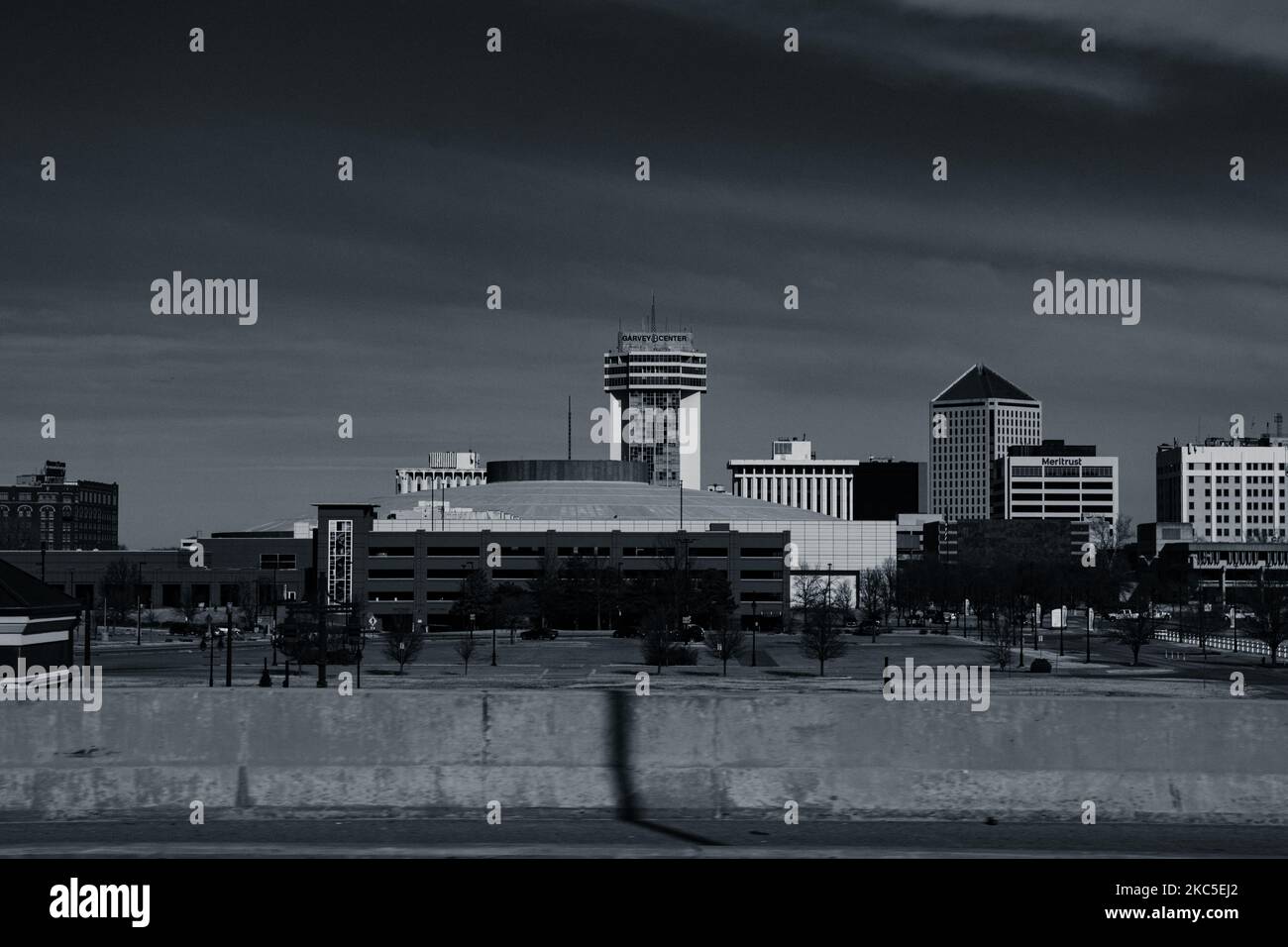 A grayscale view of Wichita city in Kansas with a view of the buildings ...