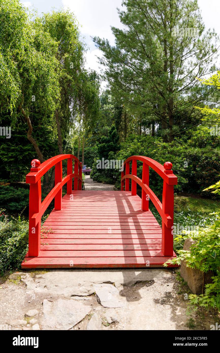 Japanese style red bridge in a naturalistic garden Stock Photo - Alamy
