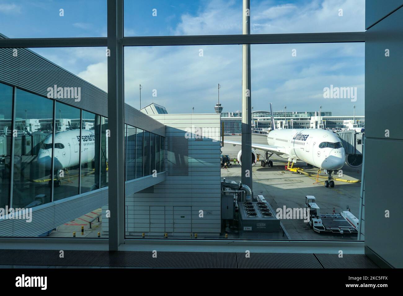 Lufthansa Airbus A350 aircraft as seen early morning in the dawn ...