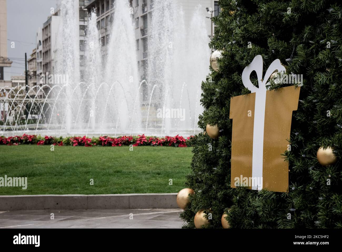 Christmas tree in Omonia square on a rainy day in Athens, Greece on ...