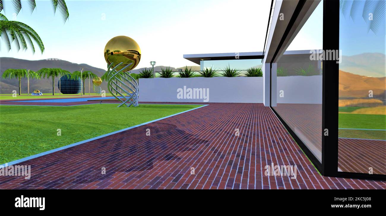 Large reflective panoramic window with amazing view on green lawn with ...