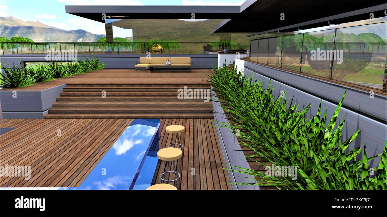 Wooden terrace with wide comfortable steps. Bar made of blue glass ...