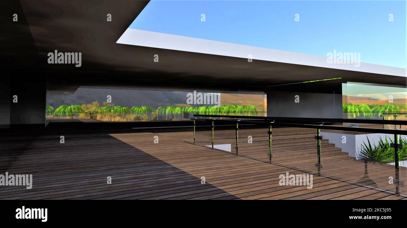 Reflection of palms in large long window on the wooden terrace fenced ...