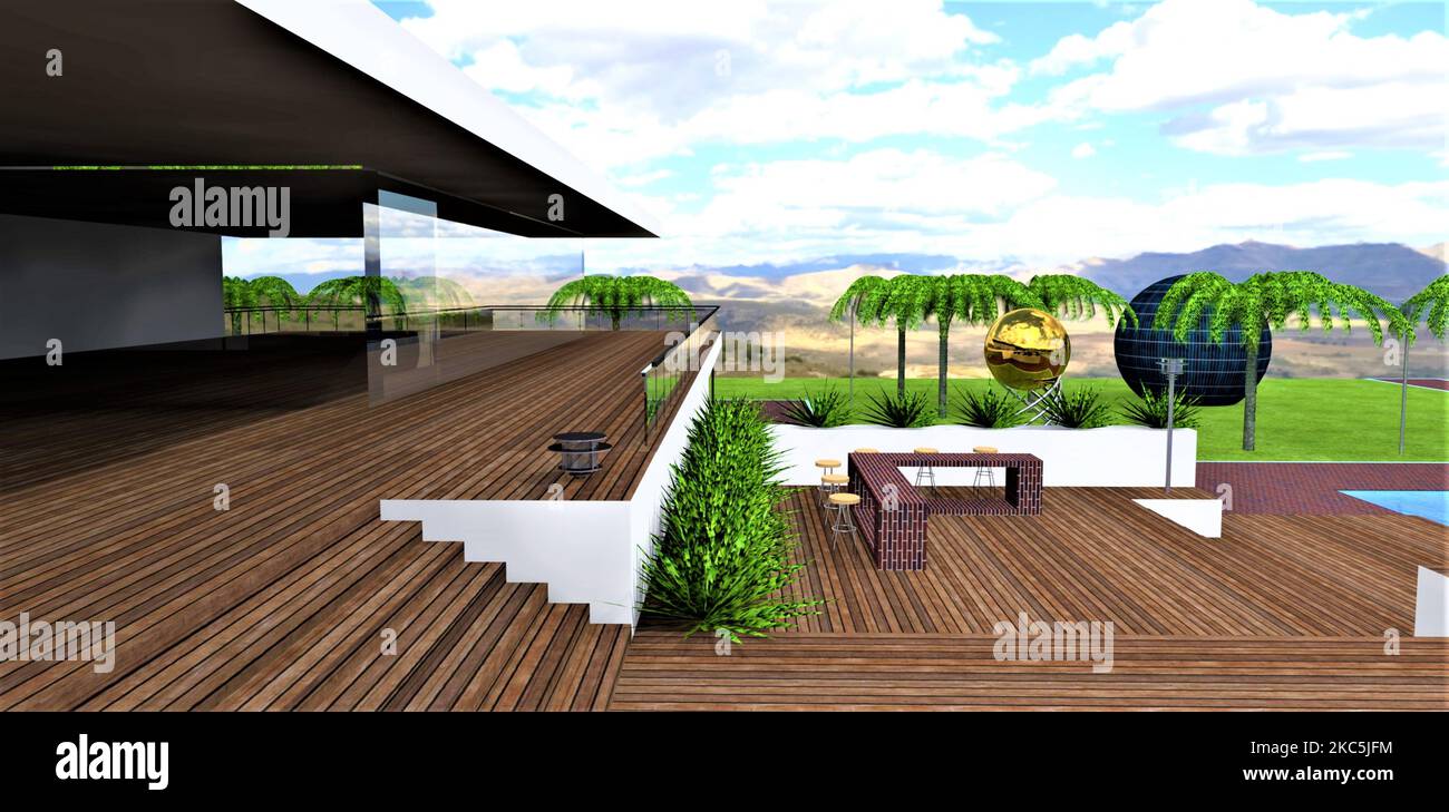 Wonderful terrace with wood flooring and steps. Glass facade on the ...
