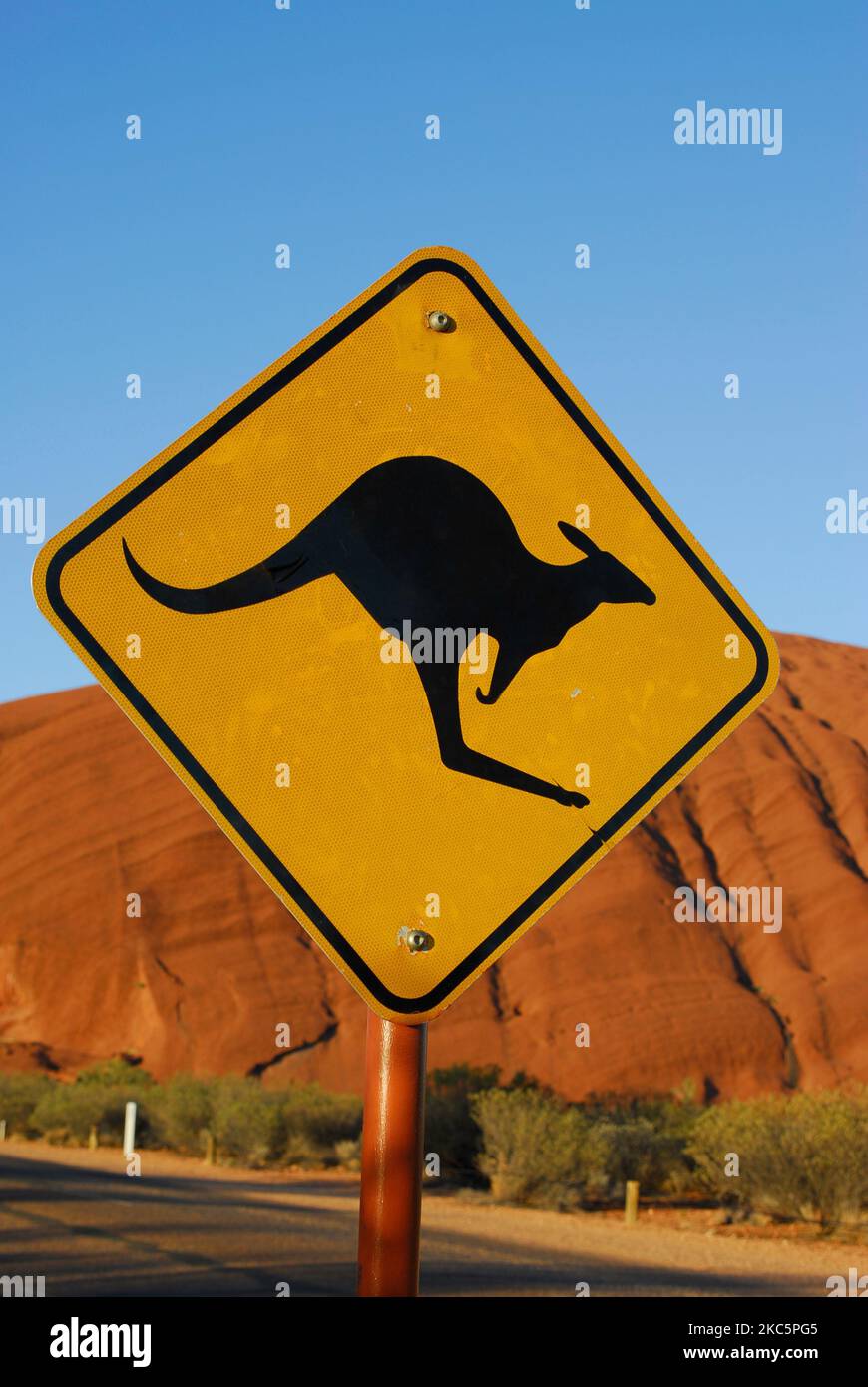A vertical of a diamond shaped yellow kangaroo sign in Australia Stock ...