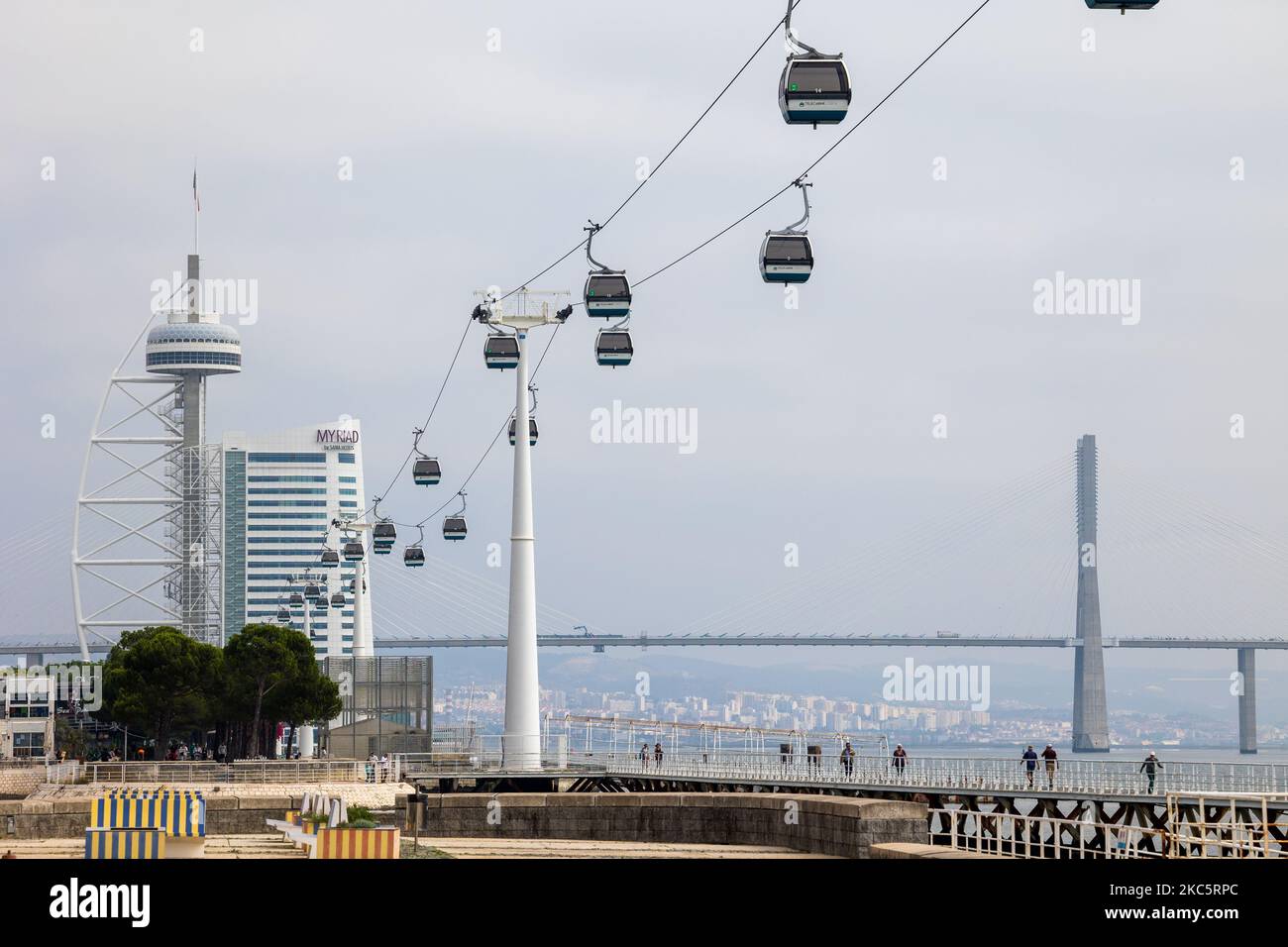 A low angle shot of the Teleferic in Lisbon, with skyscrapers in the ...