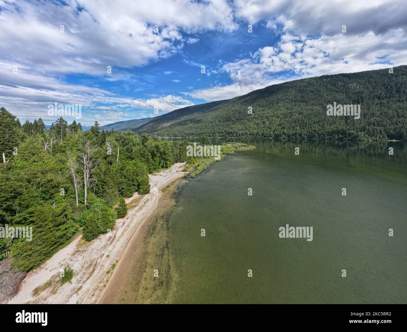 An aerial view of the Kootenay surrounded by forests and mountains in ...