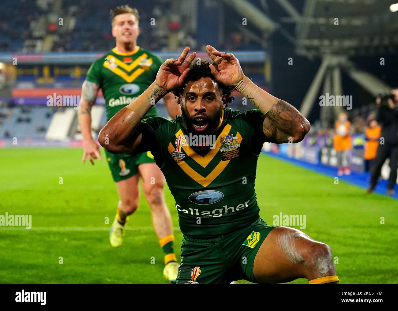 Australia's Josh Addo-Carr celebrates scoring his side's third try ...