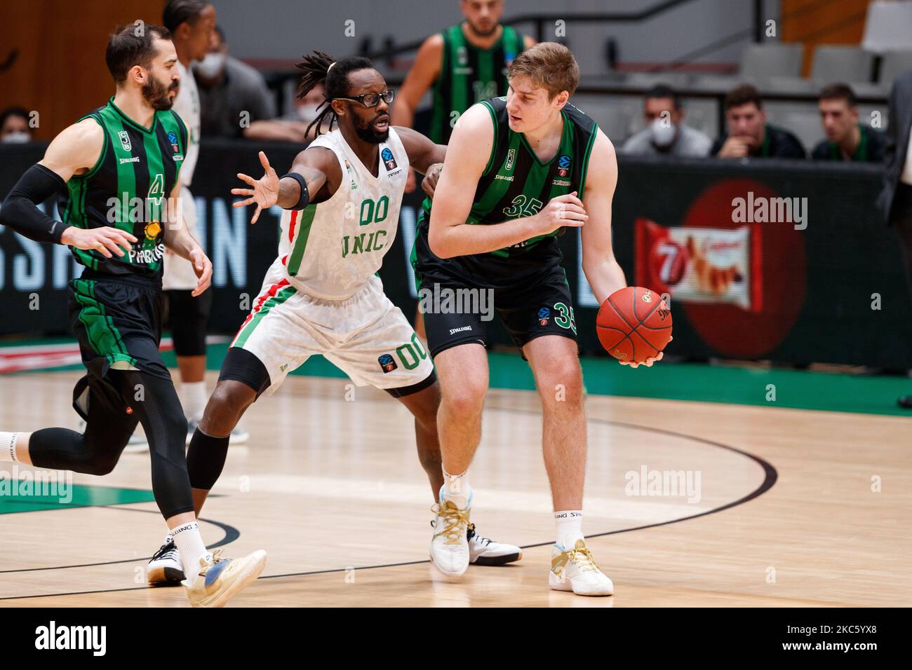 Simon Birgander of Club Joventut Badalona in action with John Brown of UNICS Kazan during the 7 ...