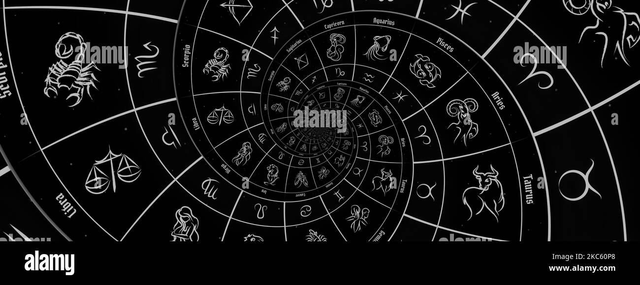 Astrological background with zodiac signs and symbol - black Stock ...