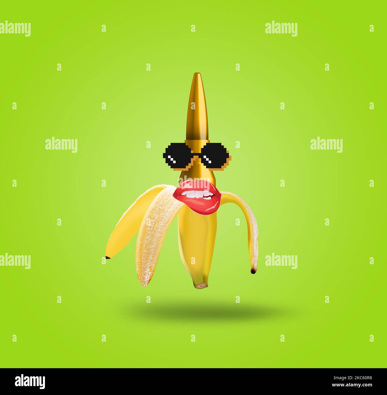 Contemporary art collage. Banana with a mouth and a bullet. Modern food ...