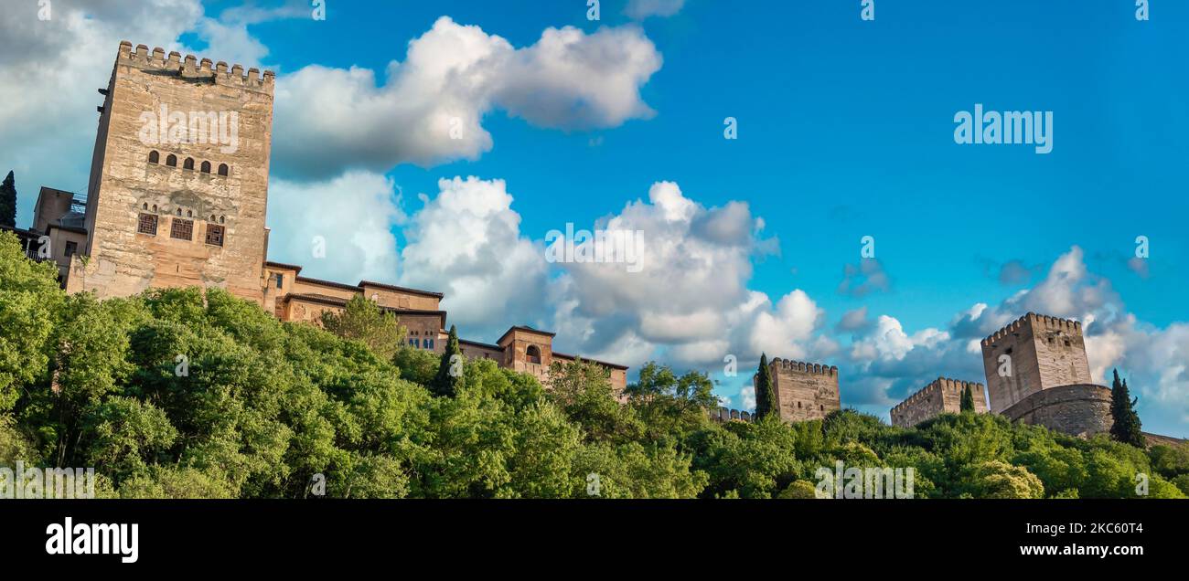 A panoramic view of the Alcazaba crenelated towers of the Alhambra in ...