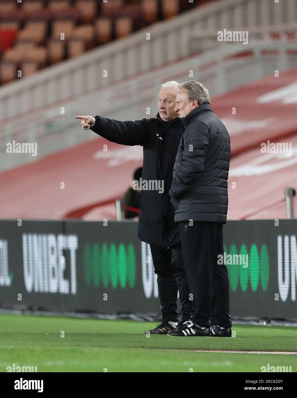 Middesbrough manager Neil Warnock and Kevin Blackwell during the Sky ...
