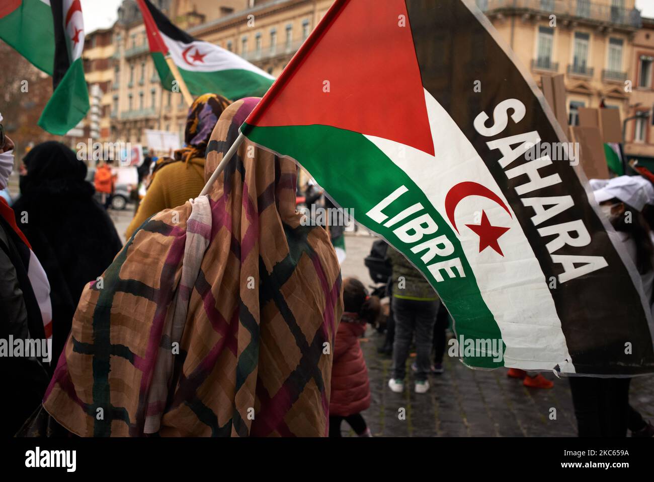 A woman holds a Sahrawi flag reading 'Free Sahara'. Sahrawi people of ...