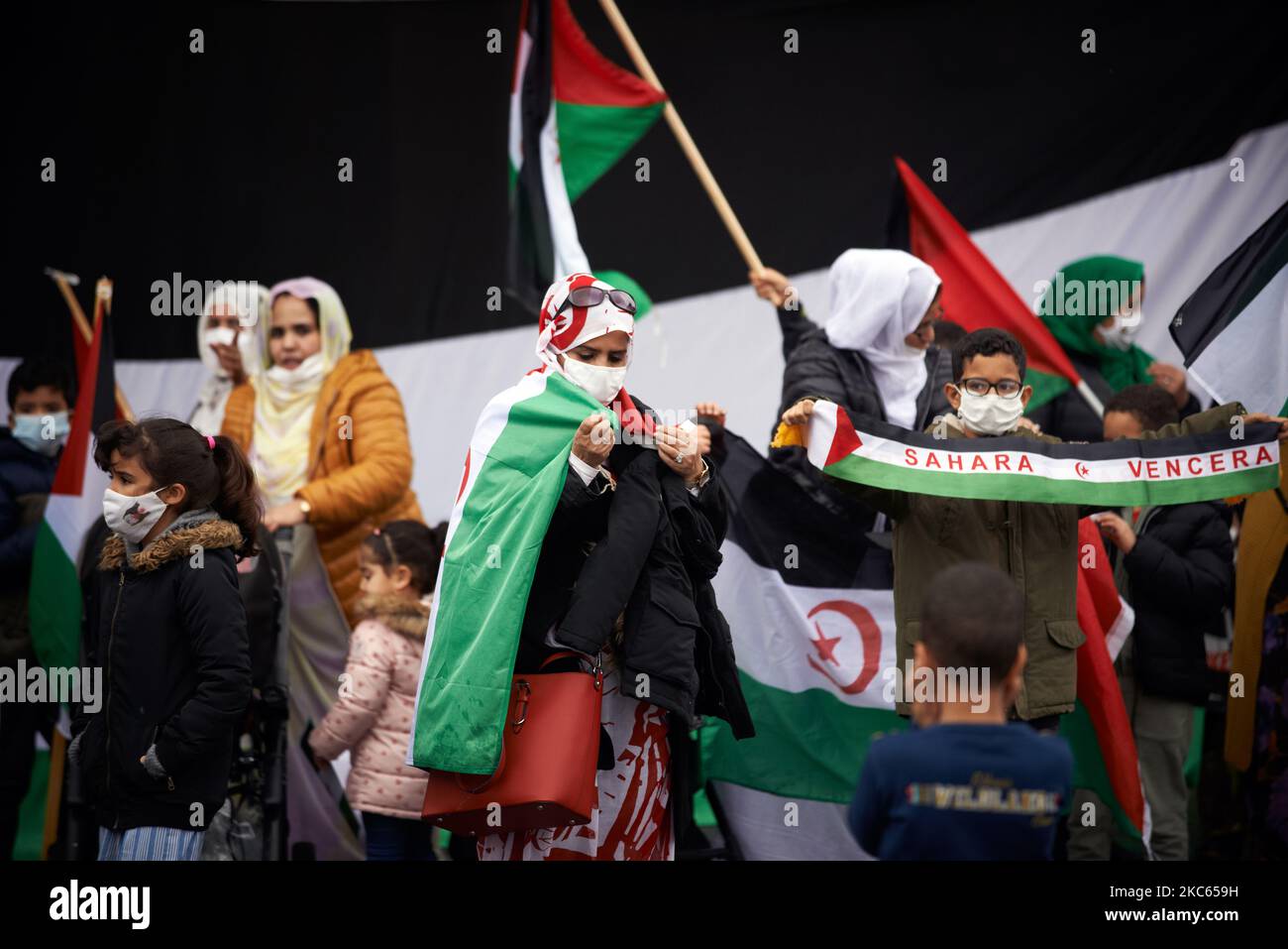 A boy holds a scarf reading 'Sahra will win'. Sahrawi people of ...