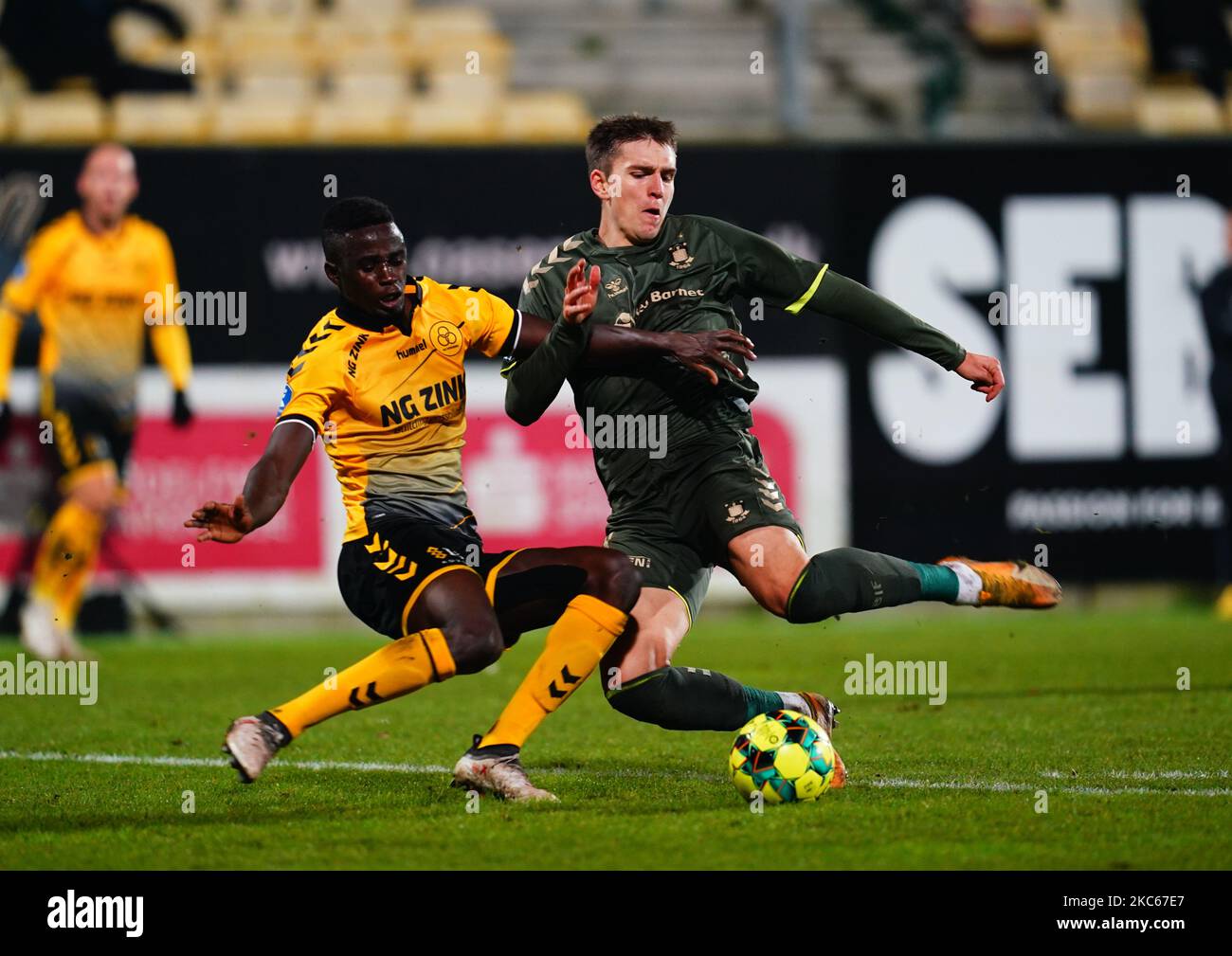 James Gomez of AC Horsens and Mikael Uhre of Brøndby in action during ...