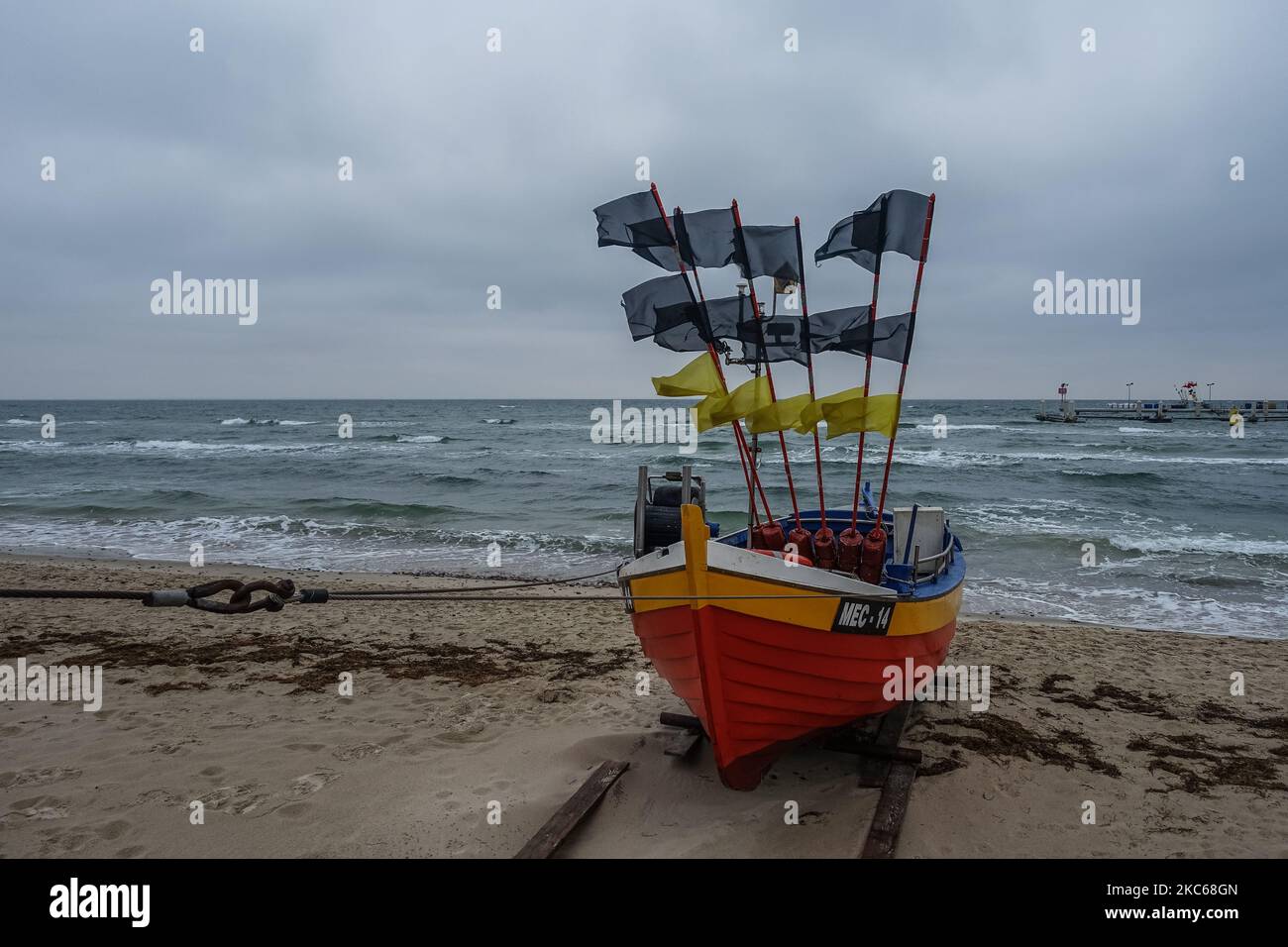 Fishing boats on the beach are seen in Mechelinki, Poland on 11 ...