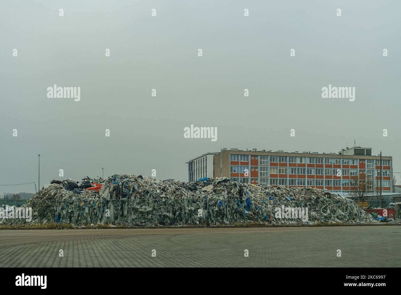 Huge heap of plastic waste, mainly PVC foil is seen in Gdynia, Poland ...